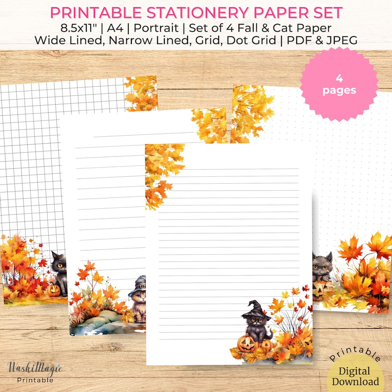 Autumn Stationery Paper Printables, Set of 4, Fall and Cat Lined Paper ...