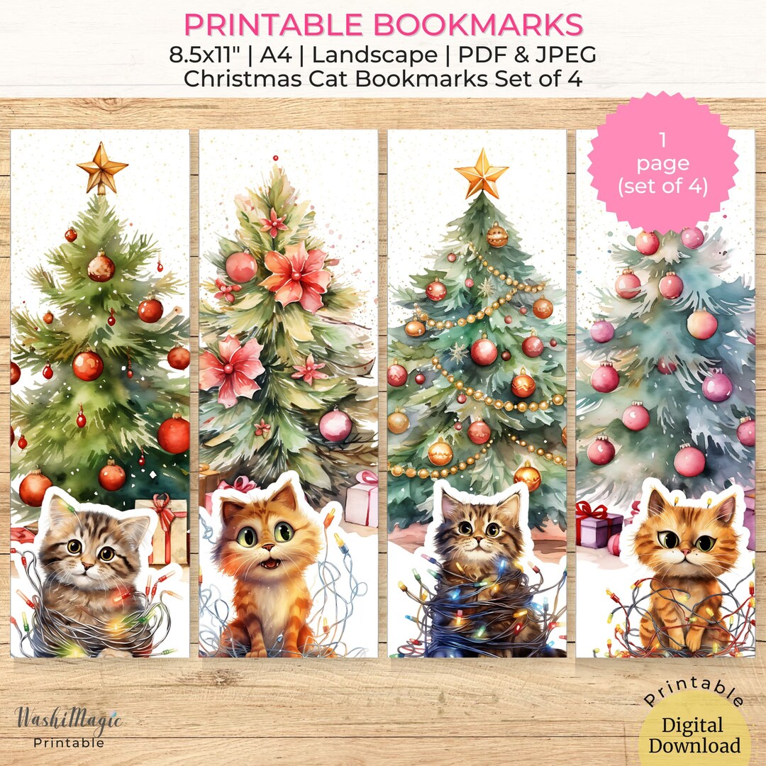 Printable Bookmarks Christmas Tree & Cat Set of 4, Cute Christmas ...