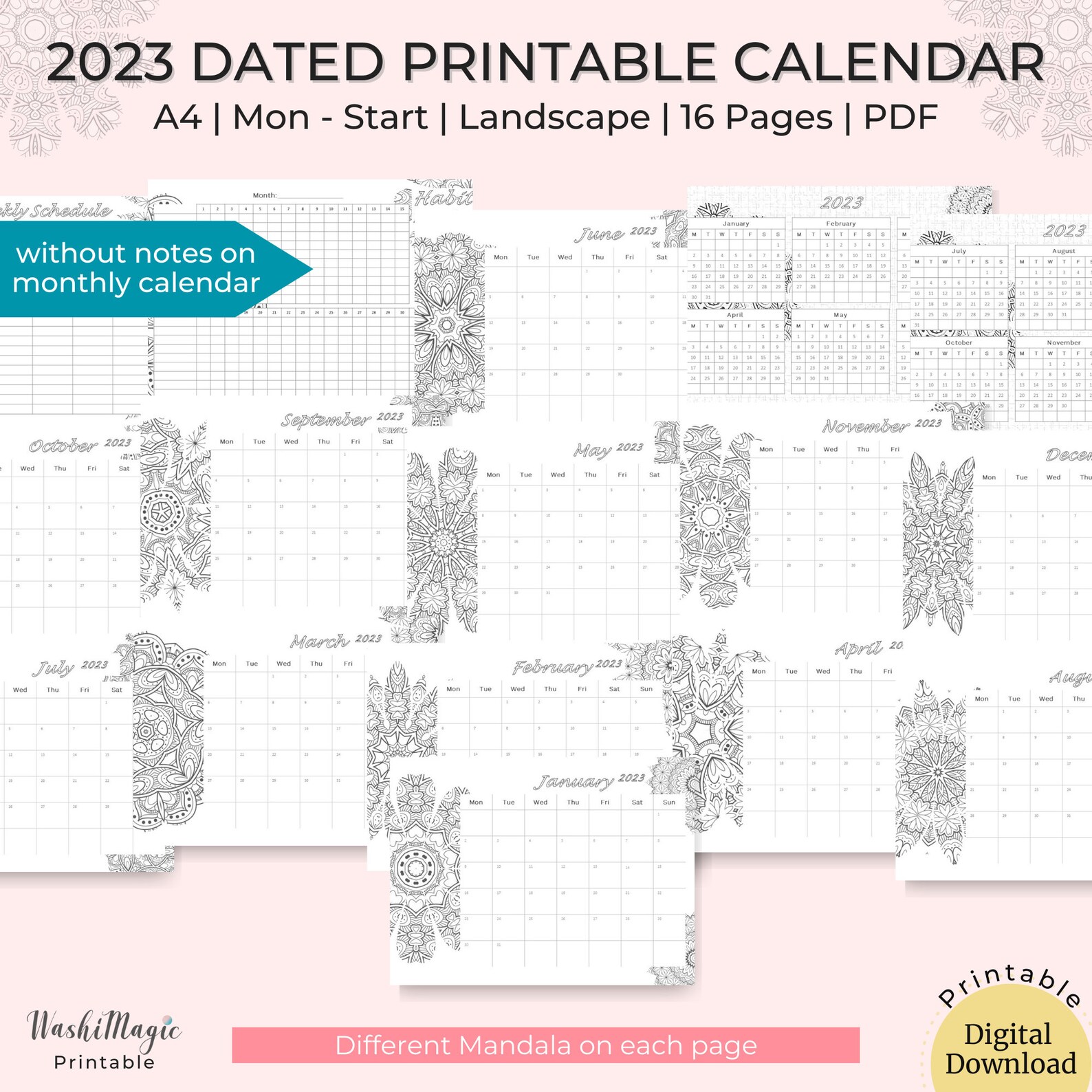 2023 Dated Printable Calendar Mandala-without Notes on Monthly - Etsy