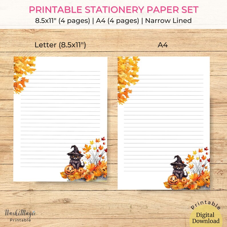 Autumn Stationery Paper Printables, Set of 4, Fall and Cat Lined Paper ...