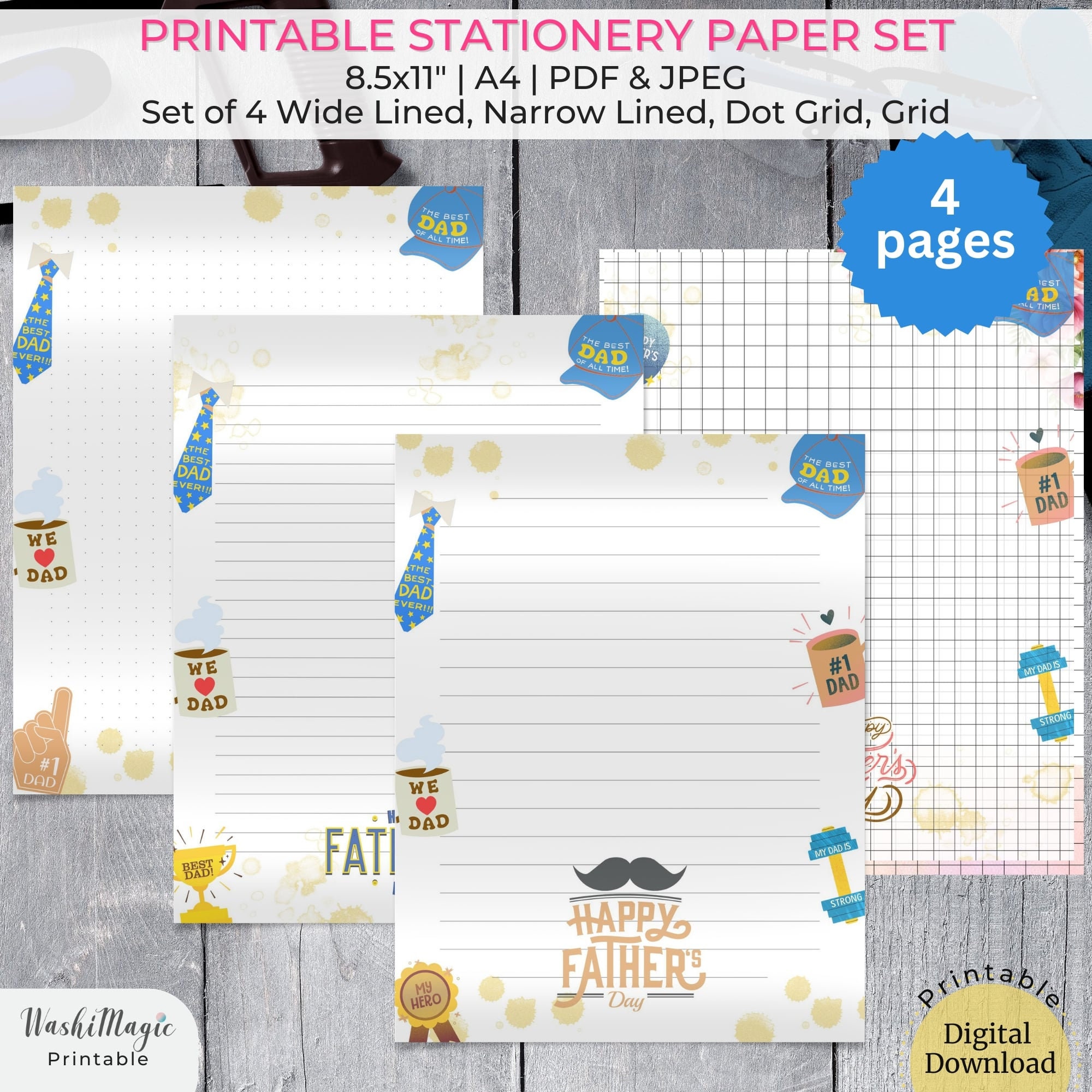 Happy Father's Day Stationery Paper Set Printable, Blue Cap Themed ...