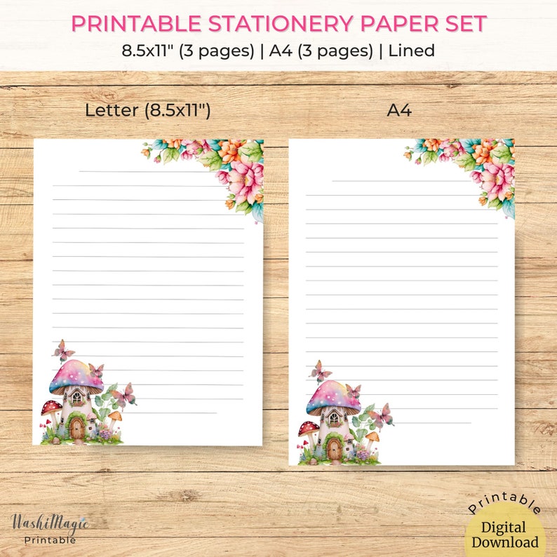 Cute Mushroom Lined Paper, Printable Stationery Paper Set of 3, Lined ...