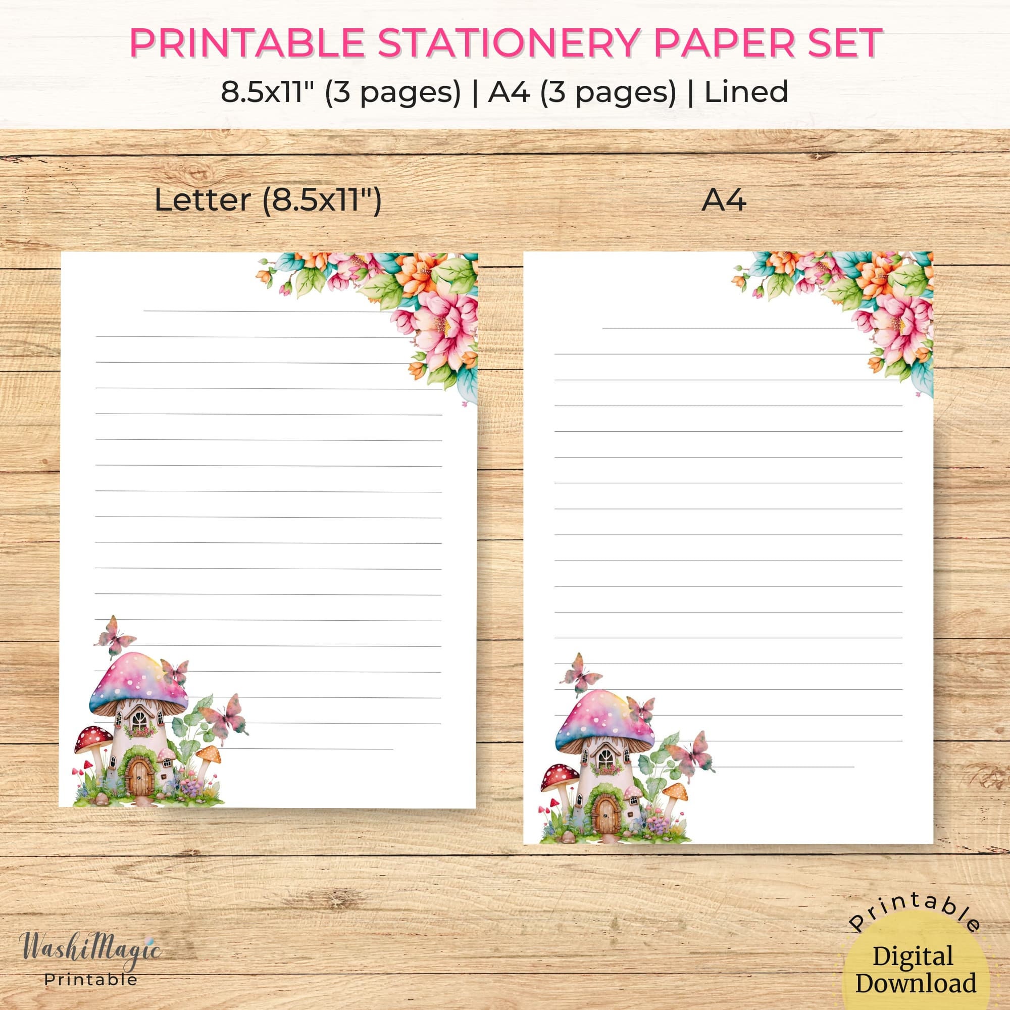 Cute Mushroom Lined Paper, Printable Stationery Paper Set of 3, Lined ...