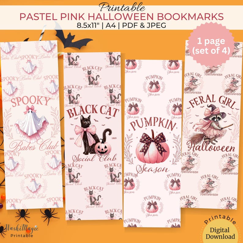 Pastel Pink Halloween Bookmarks Set Printable, Cute Spooky Halloween ...
