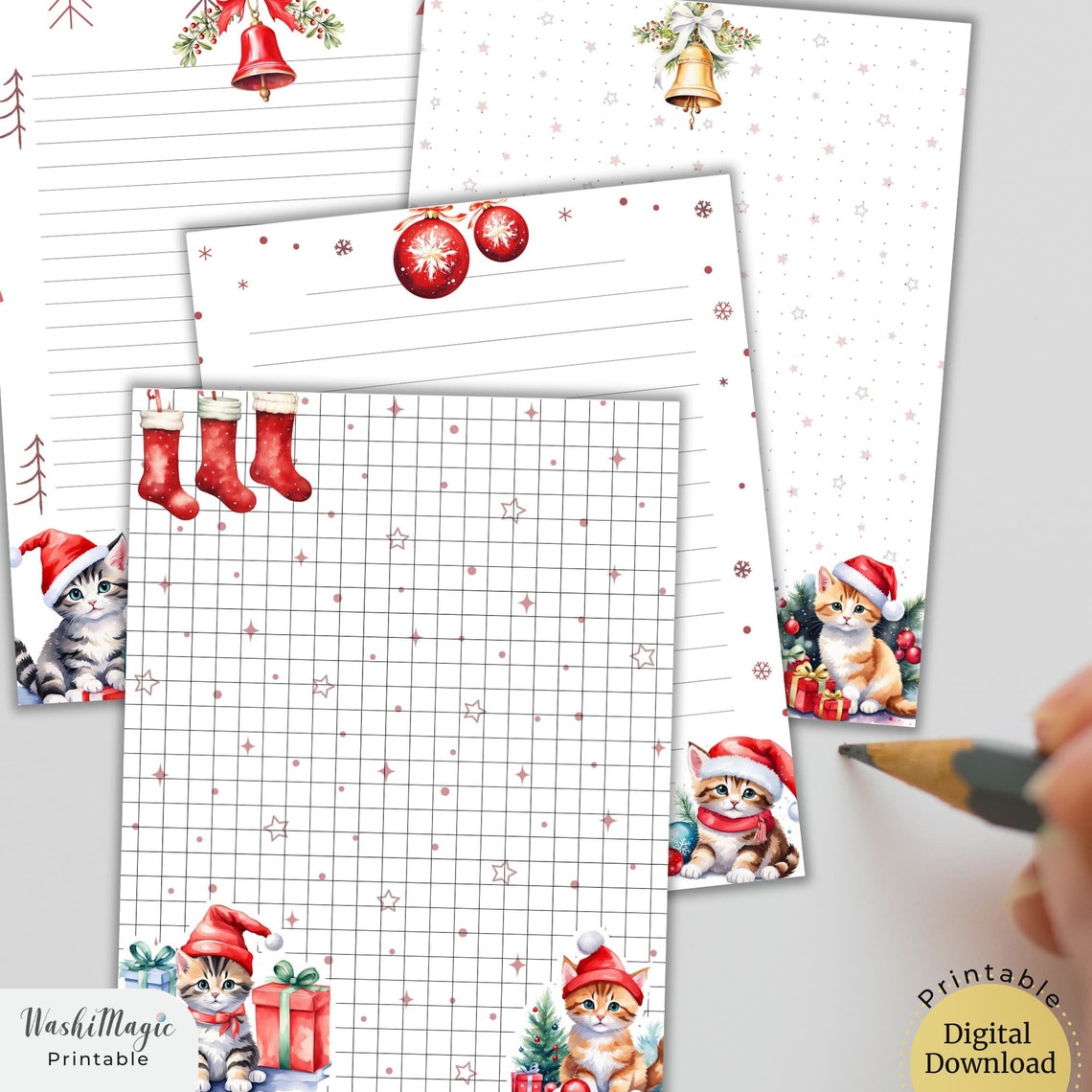 Christmas Gift & Cat Notebook Paper, Letter Writing Paper, Printable ...