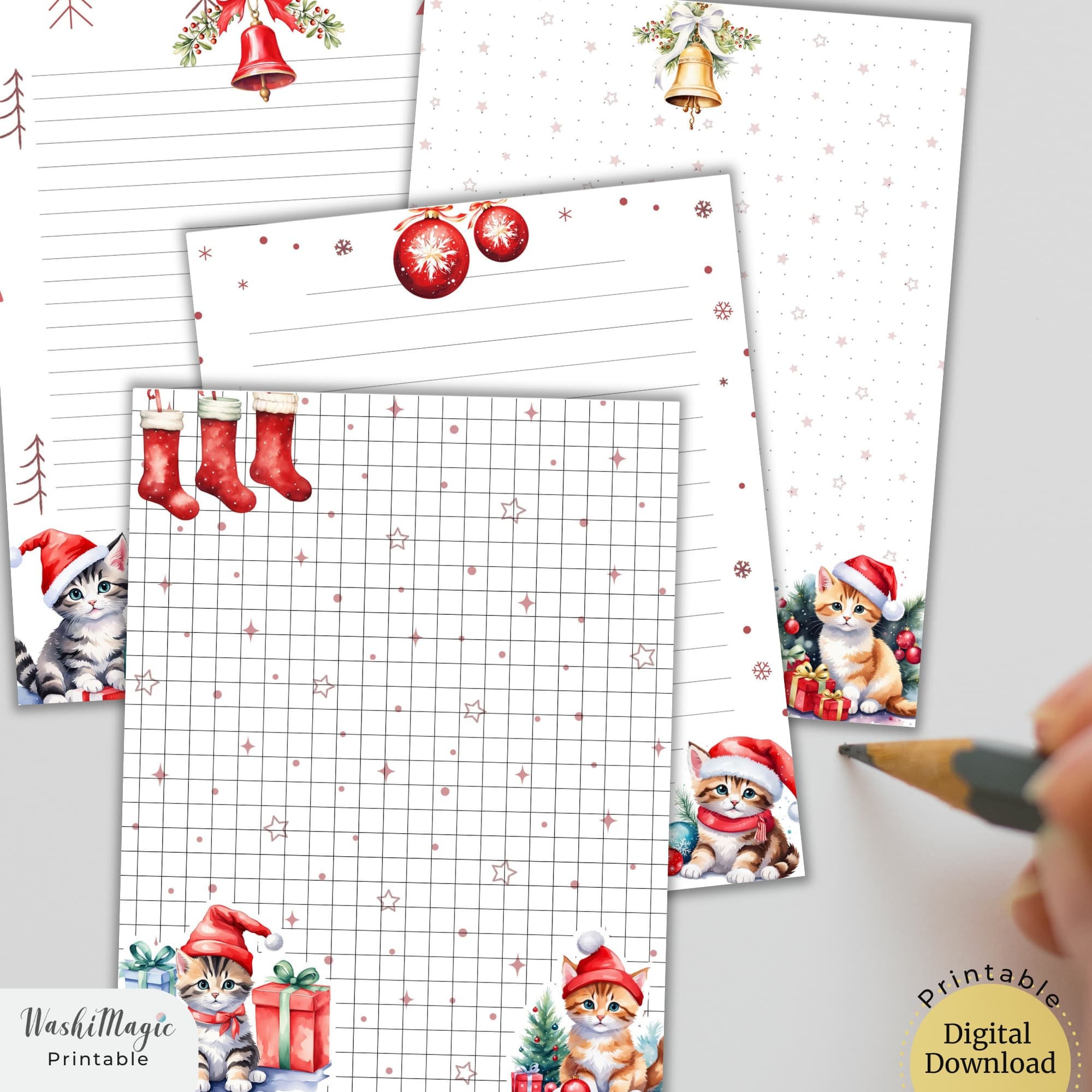 Christmas Gift & Cat Notebook Paper, Letter Writing Paper, Printable ...