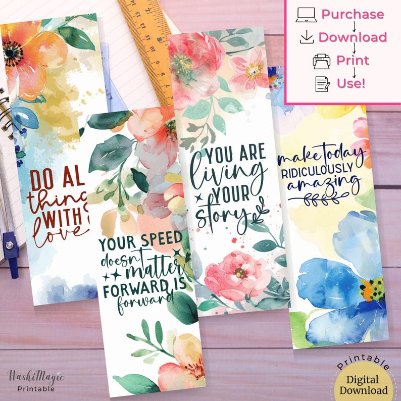 Watercolor Flower Bookmark Set: Uplifting Quote Prints (PDF & JPEG) - Etsy