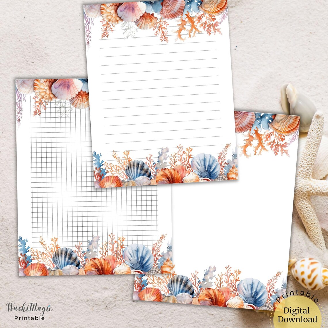 Printable Seashell Stationery Paper Set, Grid Paper, Lined Paper ...