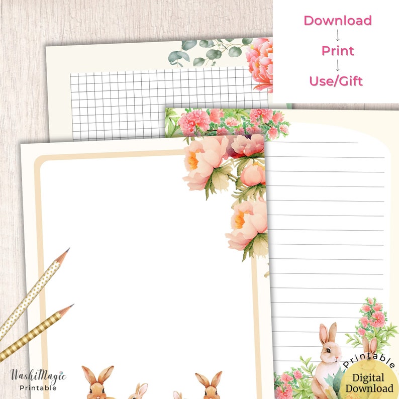 Bunny & Flowers Printable Stationery Paper Set, Lined Unlined Grid ...