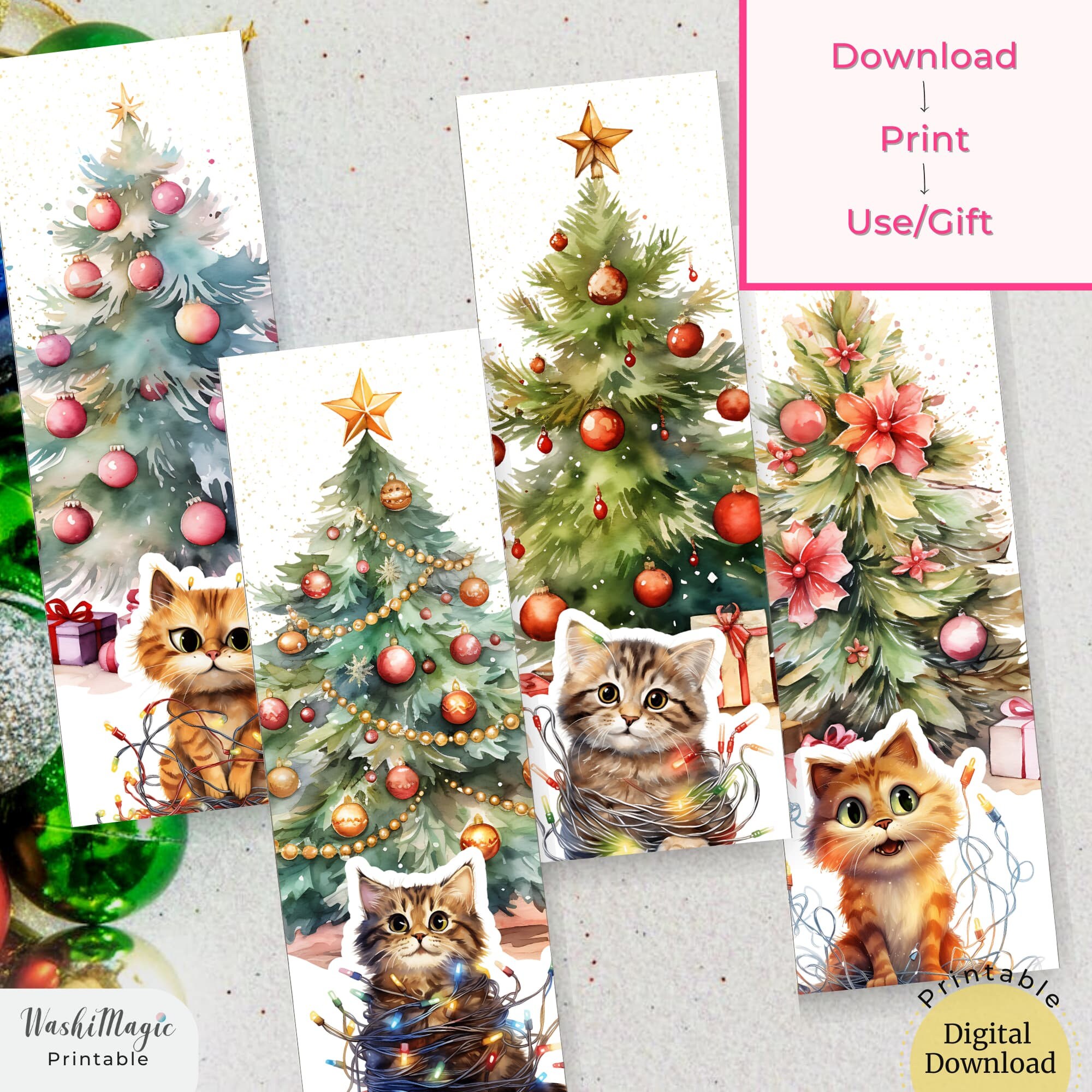 Printable Bookmarks Christmas Tree & Cat Set of 4, Cute Christmas ...