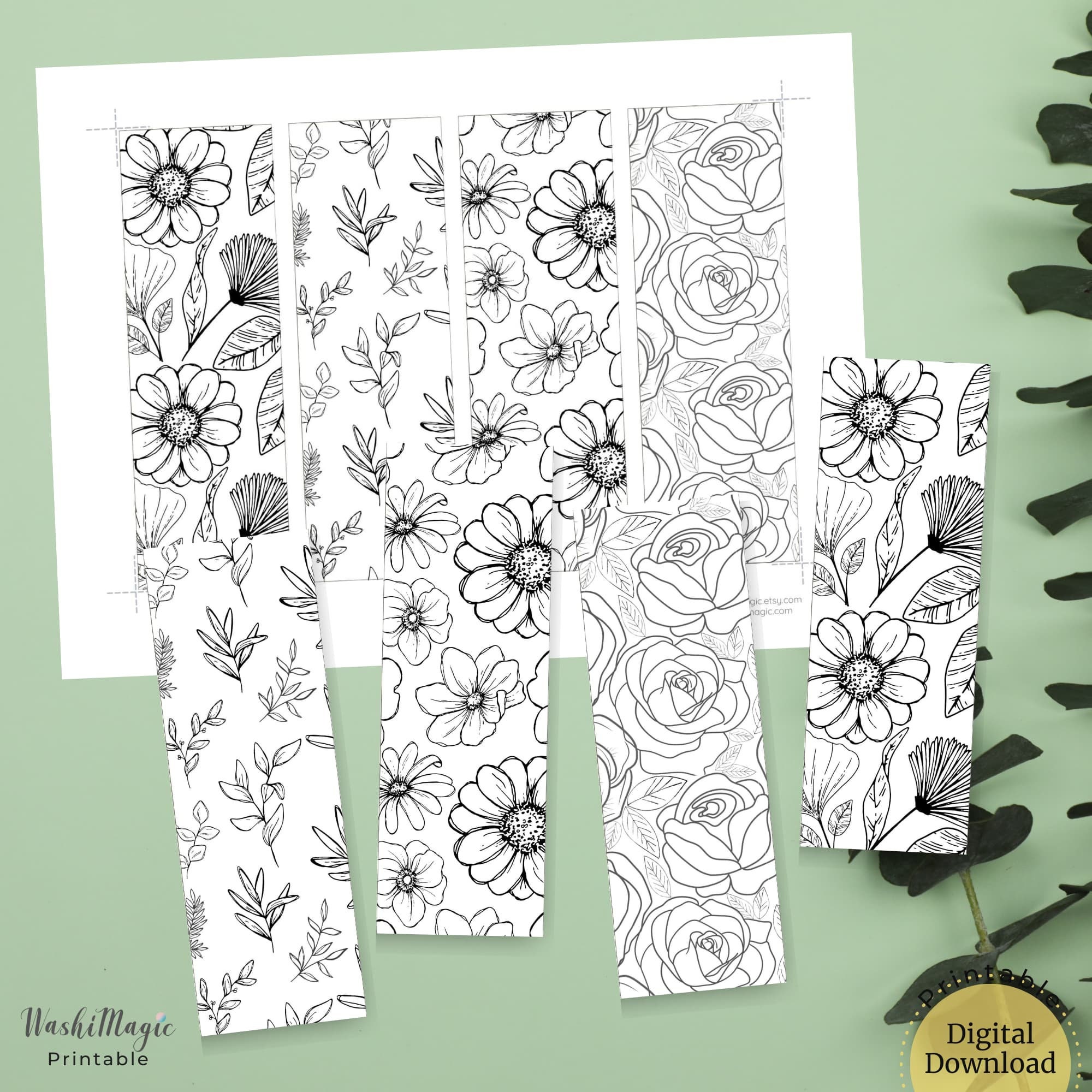 Printable Bookmarks Set of 4 Black & White Coloring Floral Leaves ...
