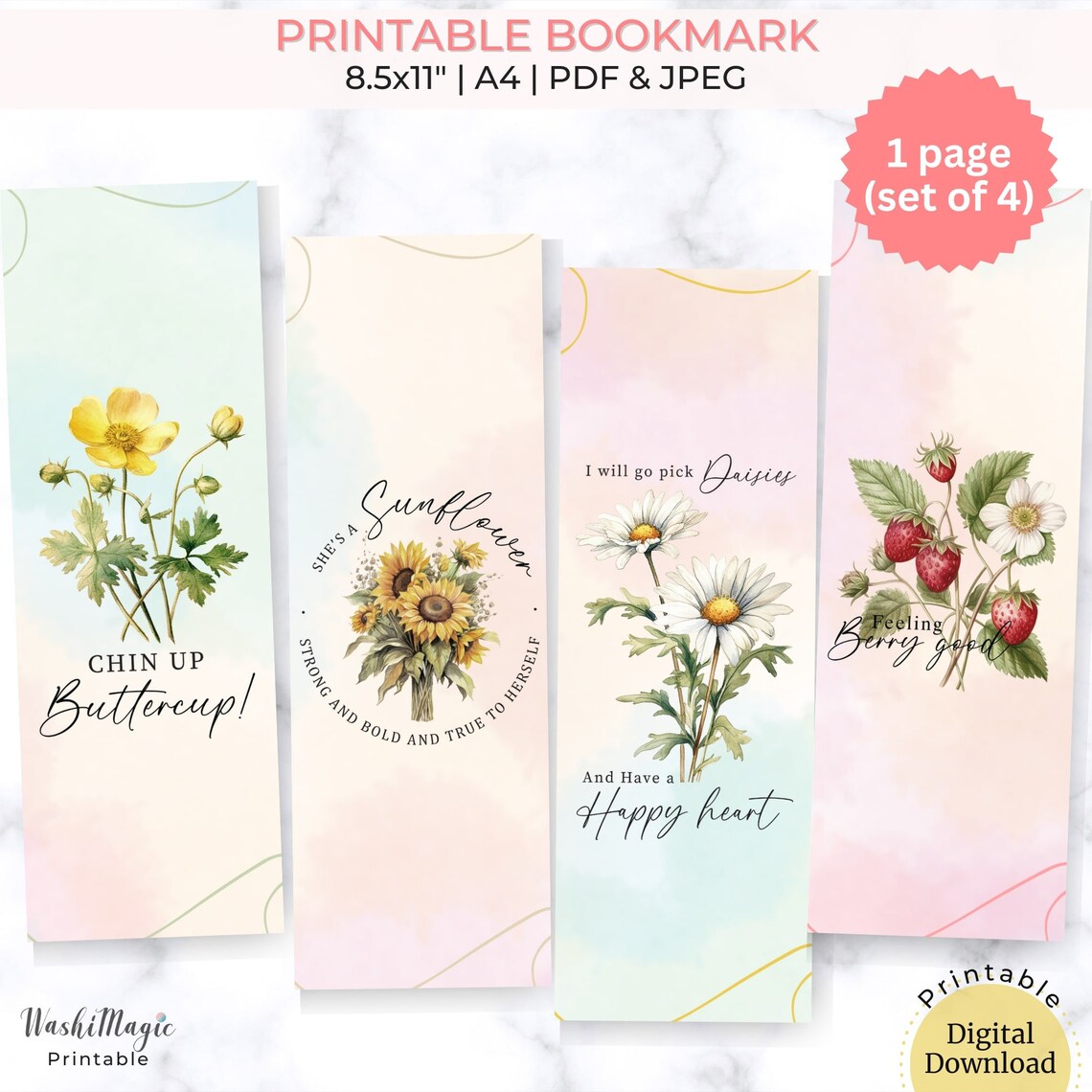 Pastel Vintage Floral Bookmarks Printable Set of 4, Aesthetic Bookmark ...