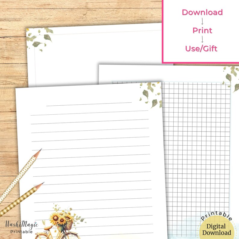 Sunflower Bicycle Paper Printable Stationery Paper Set of 3, Lined ...