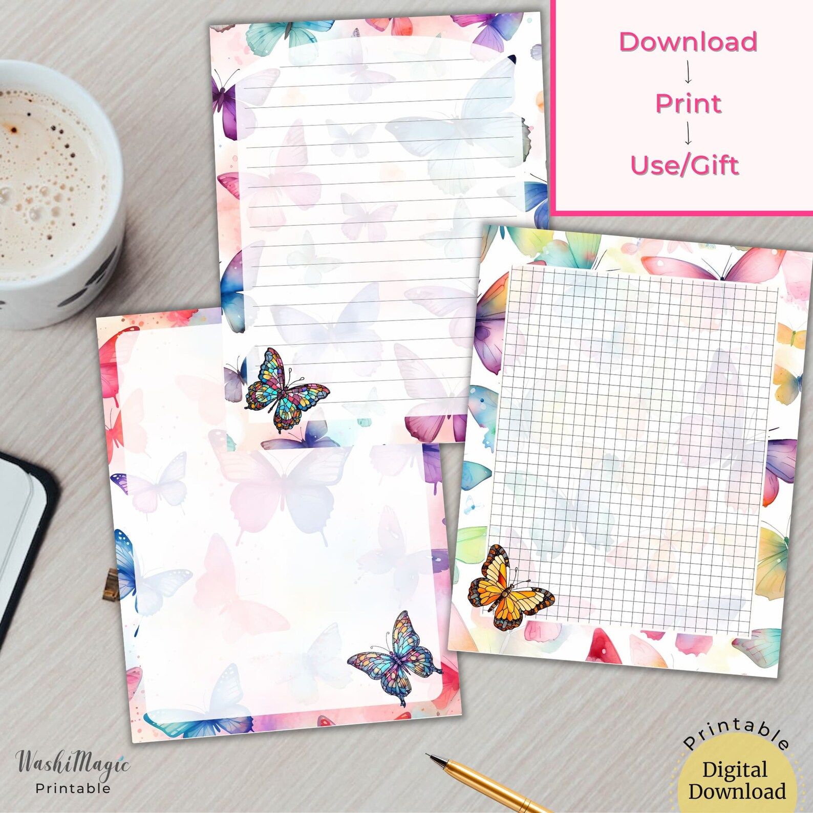 Butterfly-themed Printable Stationery Paper Pack, Lined, Unlined, Grid ...