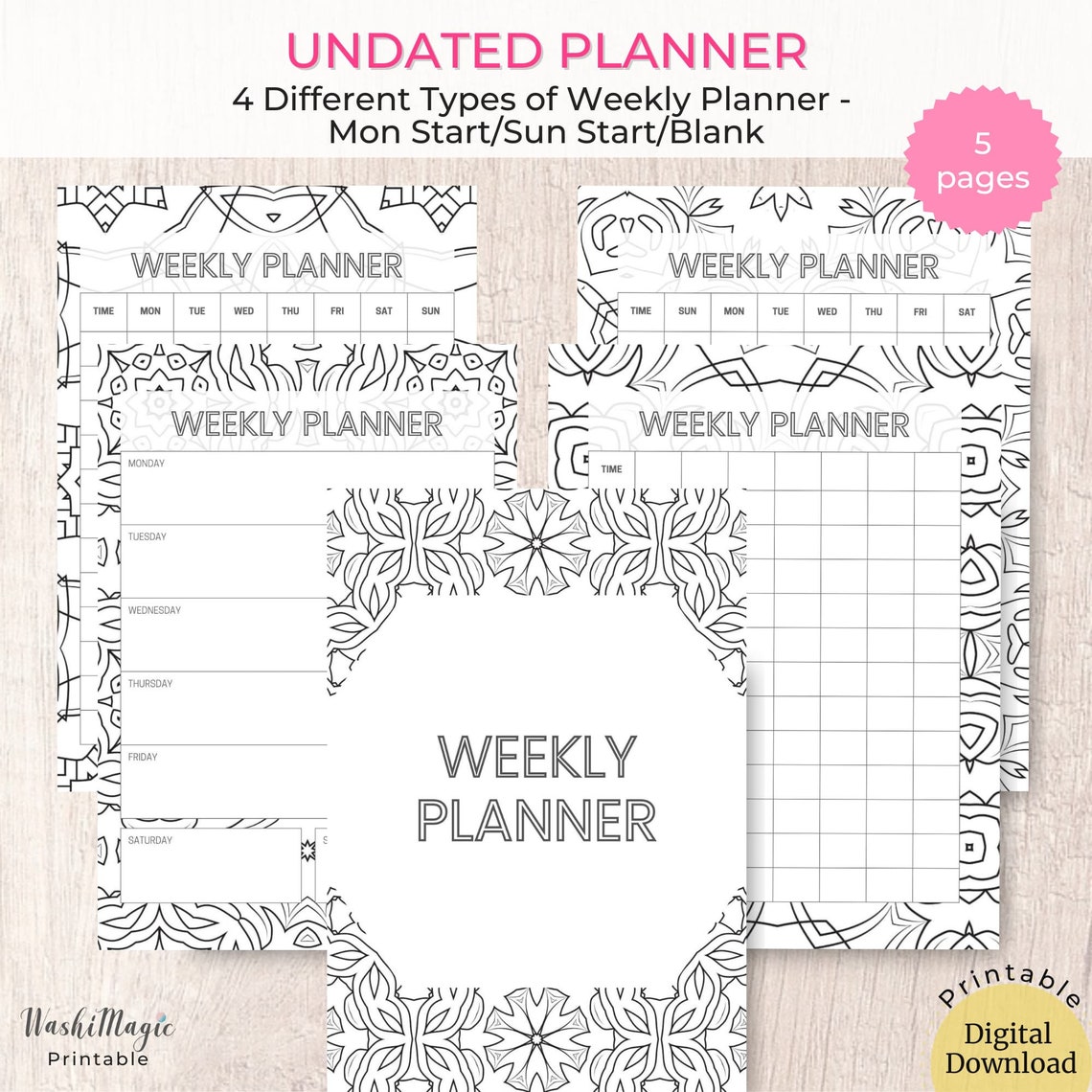 Magical Mandala Coloring Page Planner Printable, Undated Planner Weekly ...