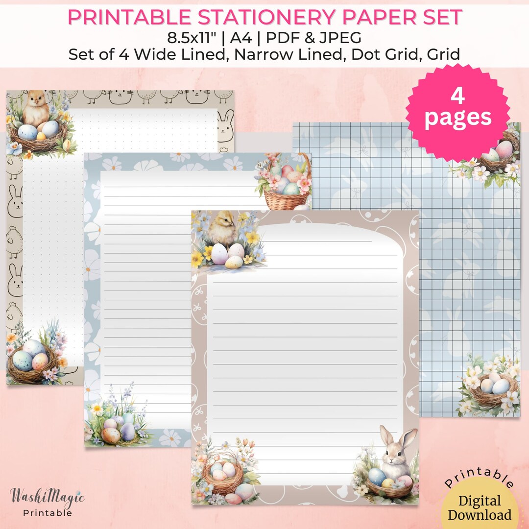 Easter Eggs Basket Paper Stationery Set of 4 Printable, Letter Writing ...