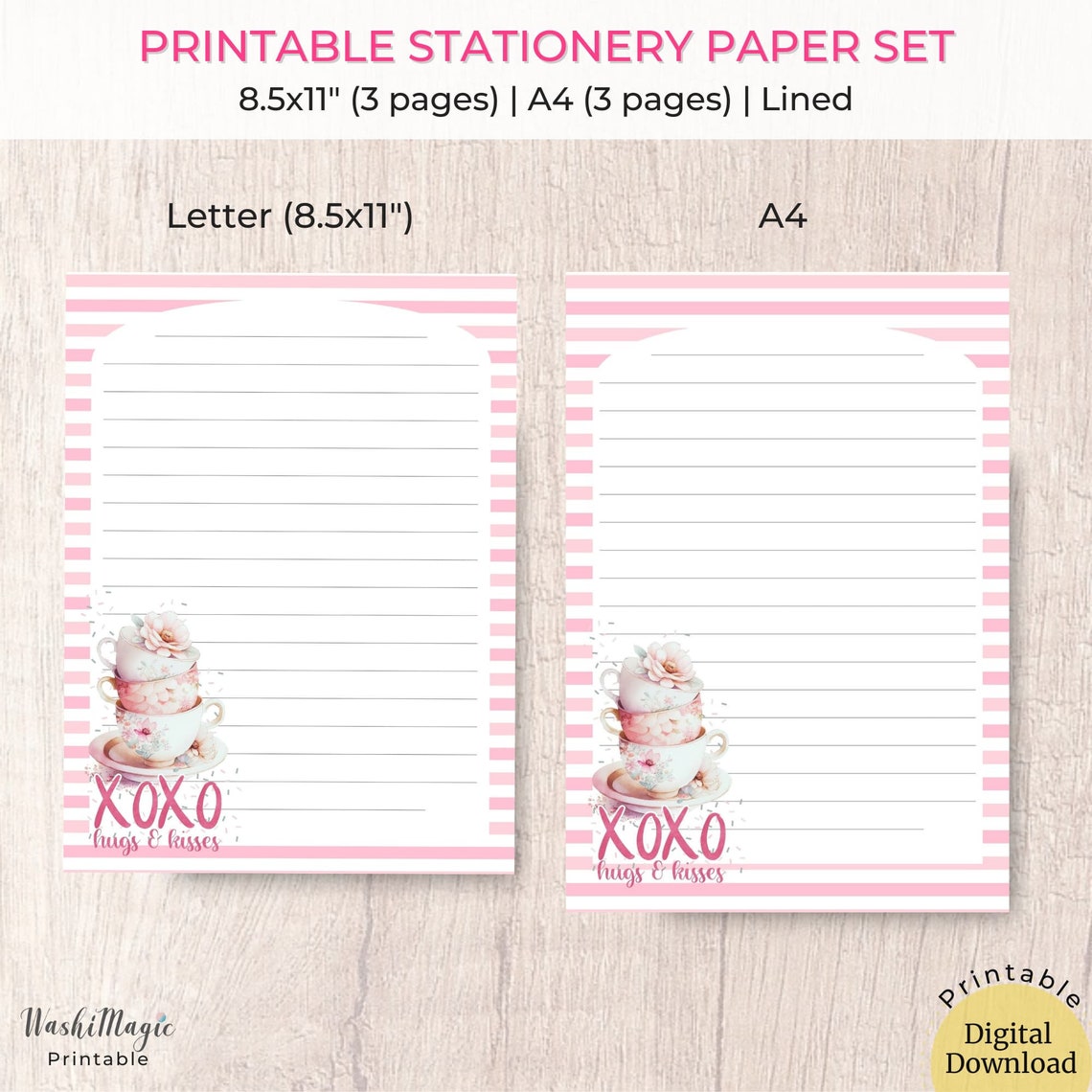 Lovely Pink Feminine Design Printable Stationery Paper Set, Lined ...