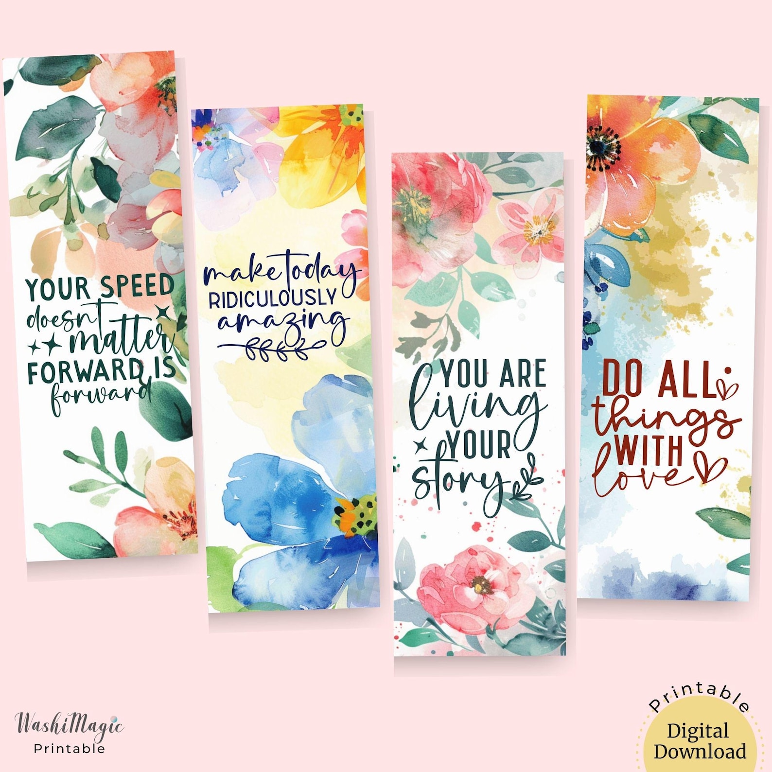 Printable Watercolor Flower Bookmark Set Uplifting Quotes, Self-care ...