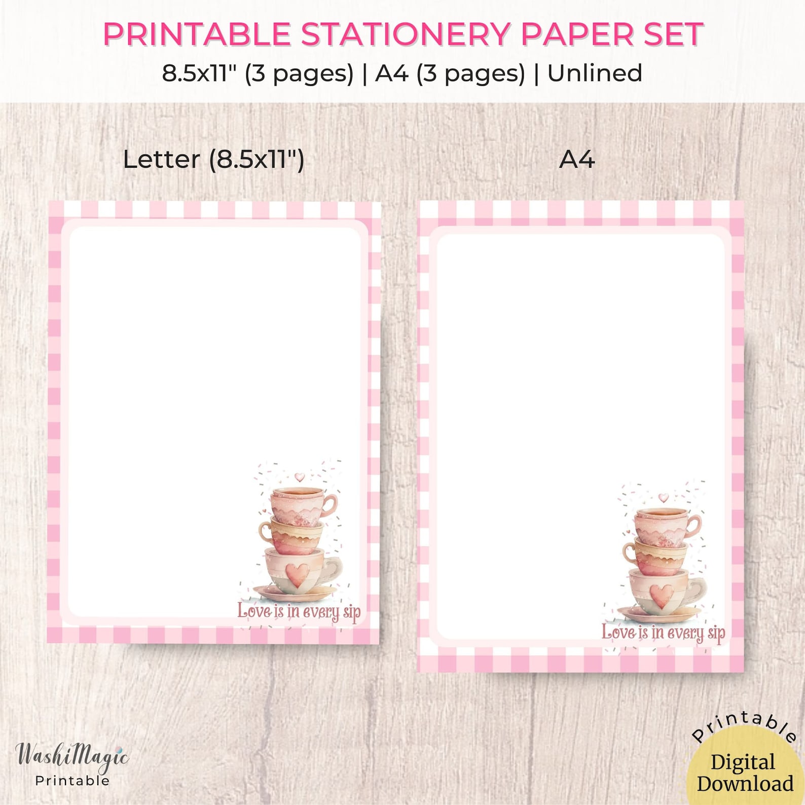 Lovely Pink Feminine Design Printable Stationery Paper Set, Lined ...
