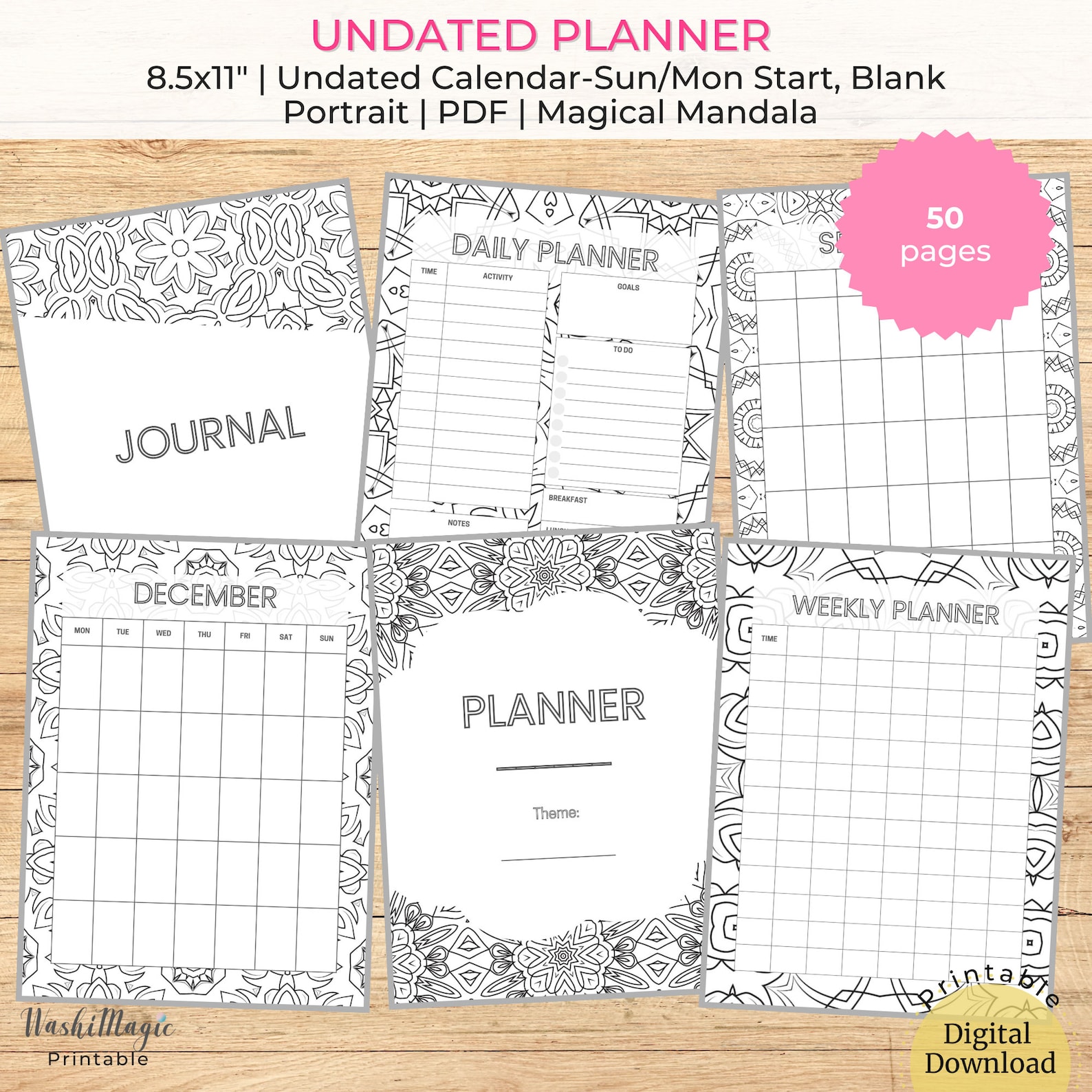 Magical Mandala Coloring Page Planner Printable, Undated Planner Weekly ...