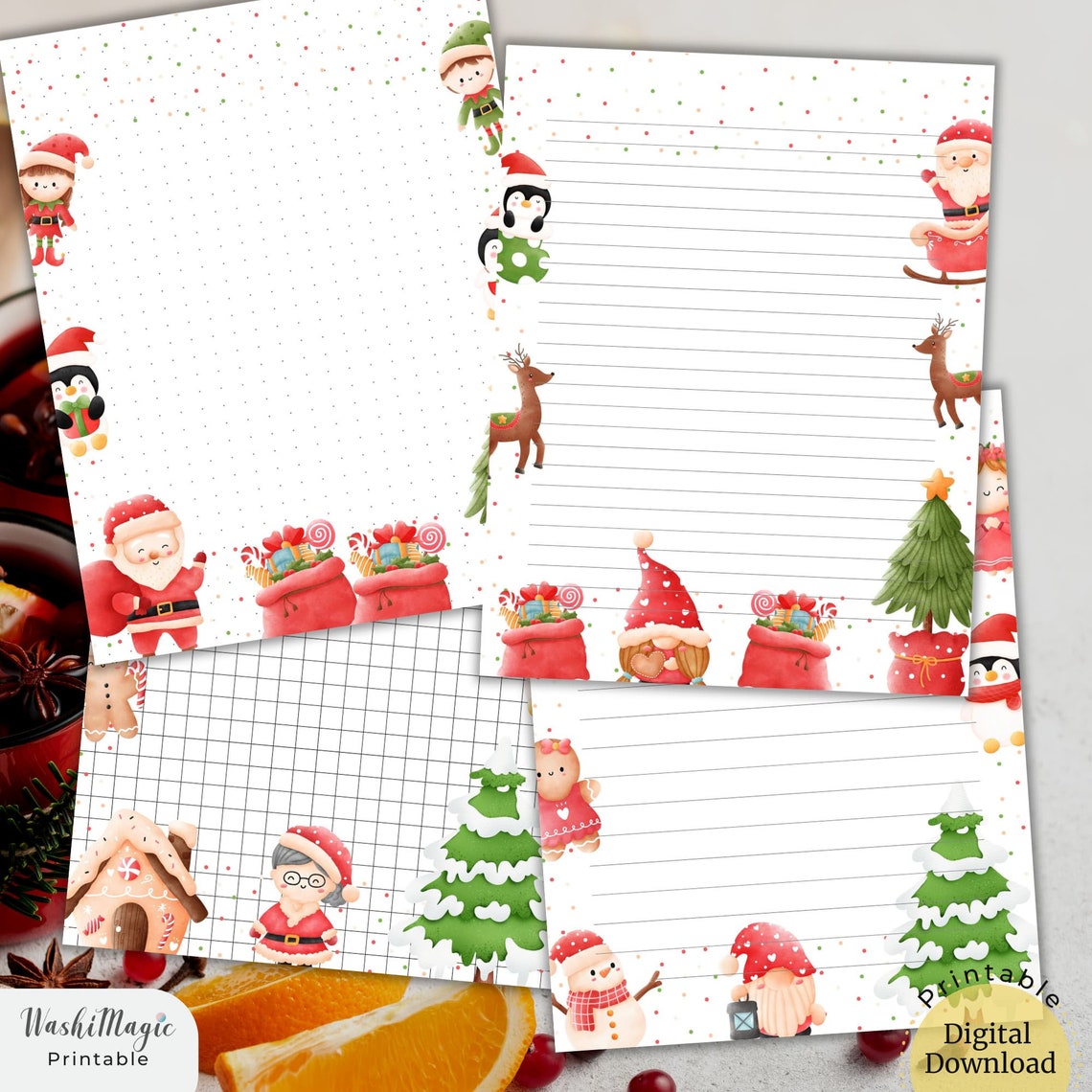 Christmas Santa Notebook Paper, Printable Christmas Stationary Set of 4 ...