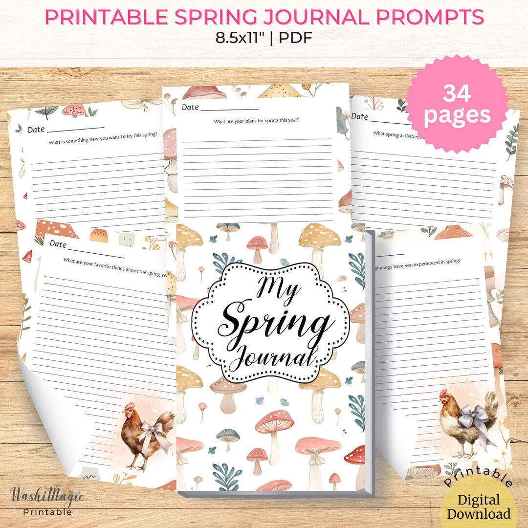 Spring Journal Prompts Printable With Adorable Mushroom & Cute Chicken ...