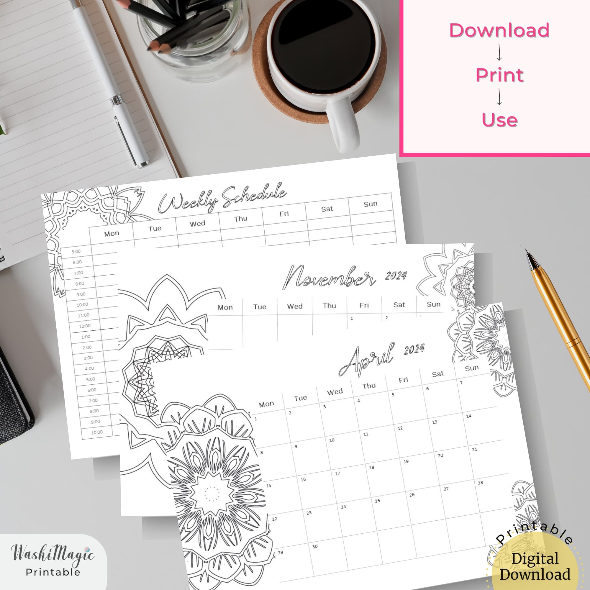Mandala Calendar Printable 2024 Monthly Planner, Mandala Coloring ...