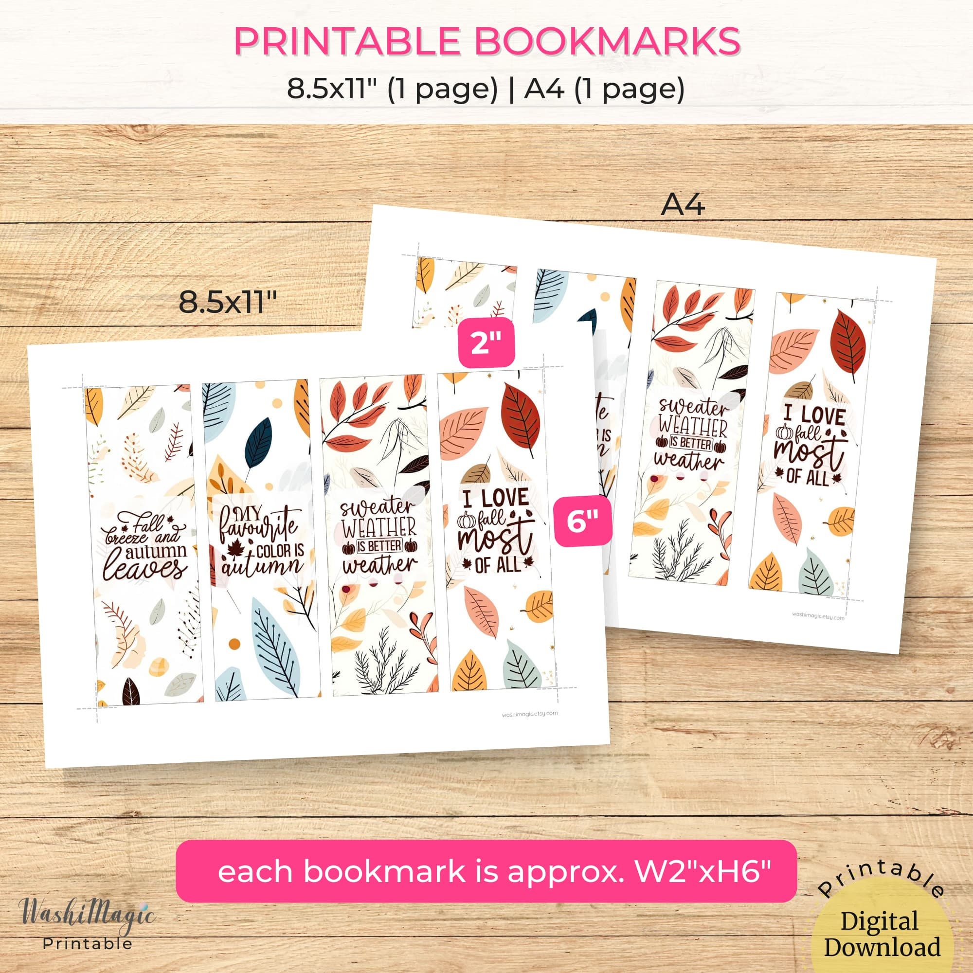Printable Bookmarks Set of 4 Fall Leaves White Bookmark Cozy - Etsy