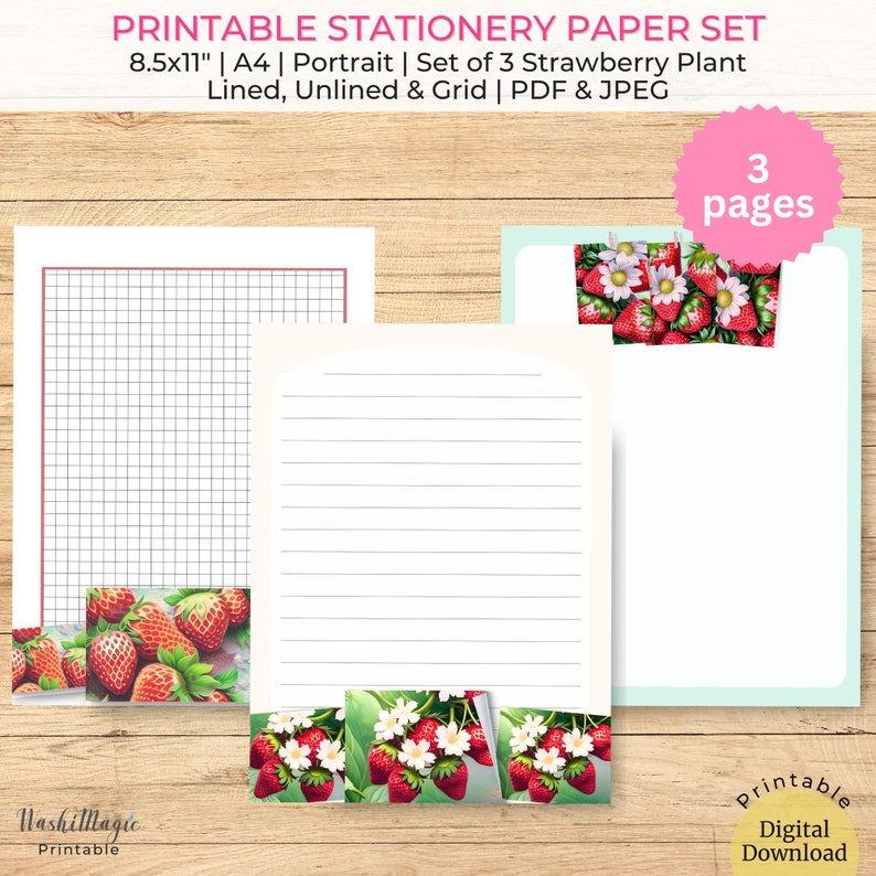 Strawberry Plant Stationery Paper Printable Set of 3, Unique Journal ...
