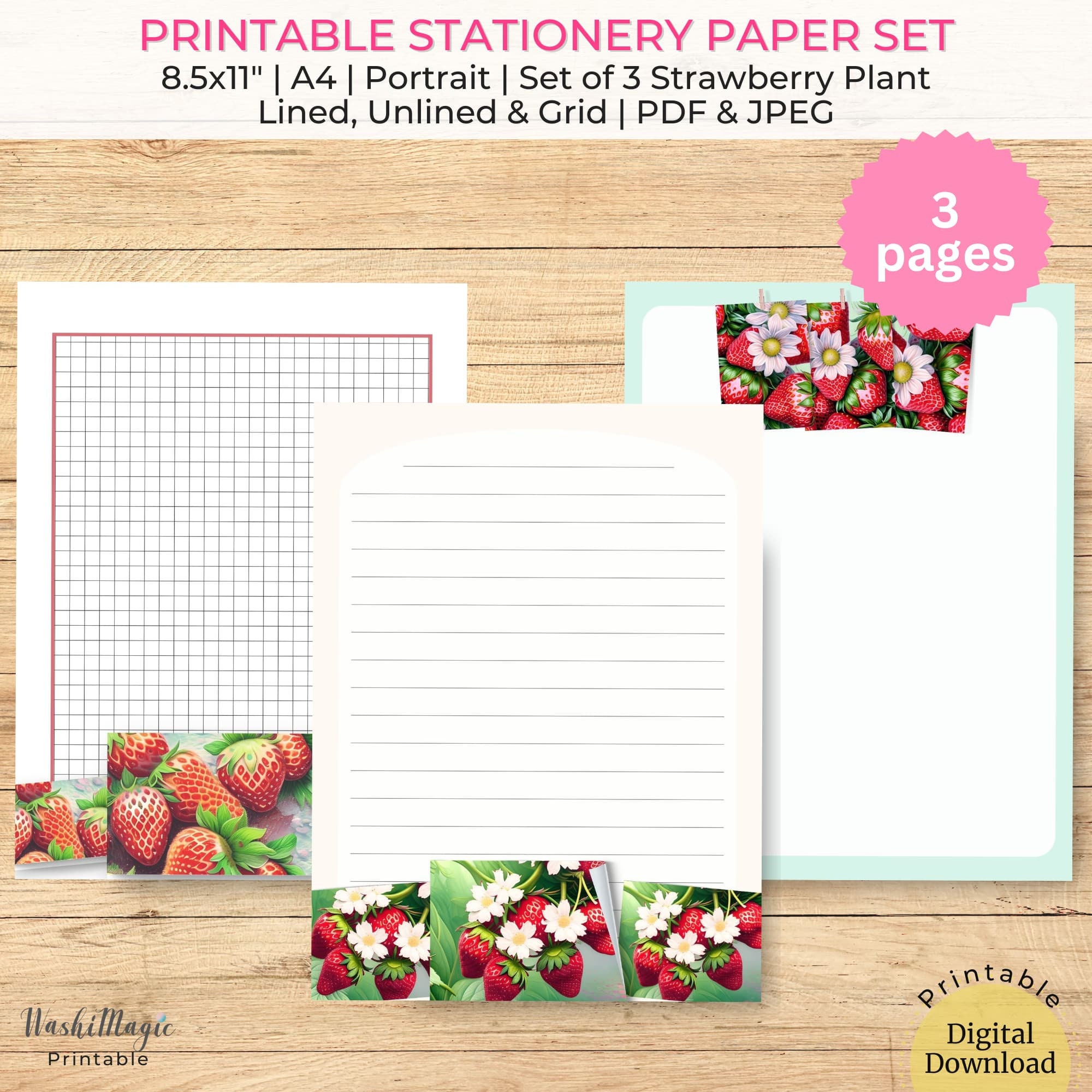 Strawberry Plant Stationery Paper Printable Set of 3, Unique Journal ...