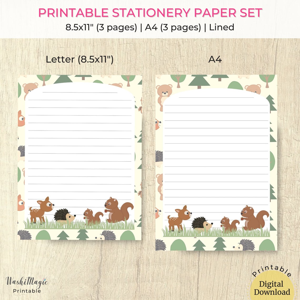 Woodland Animals Printable Stationery Paper Set , Lined Unlined Grid ...