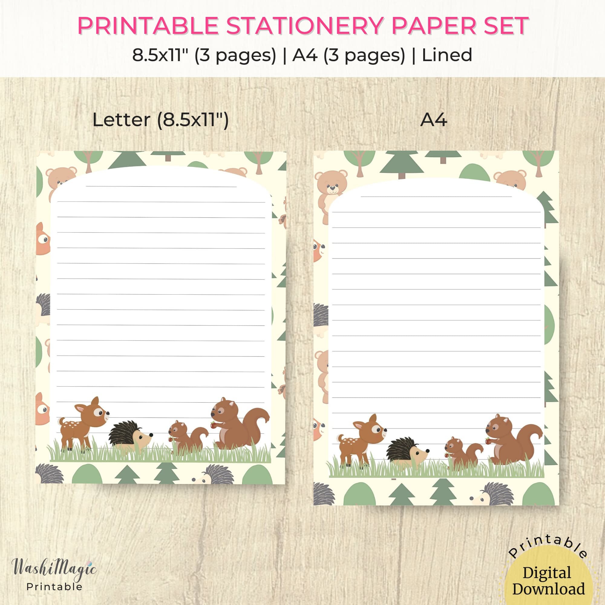 Woodland Animals Printable Stationery Paper Set , Lined Unlined Grid ...