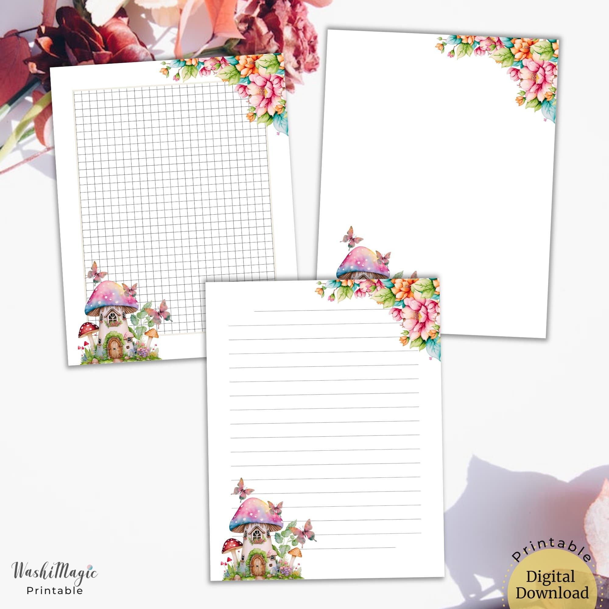 Cute Mushroom Lined Paper, Printable Stationery Paper Set of 3, Lined ...