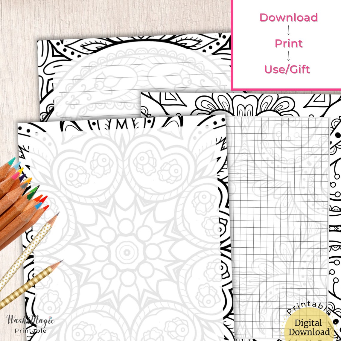 Mystical Mandala Printable Stationery Paper Coloring Set, Letter ...