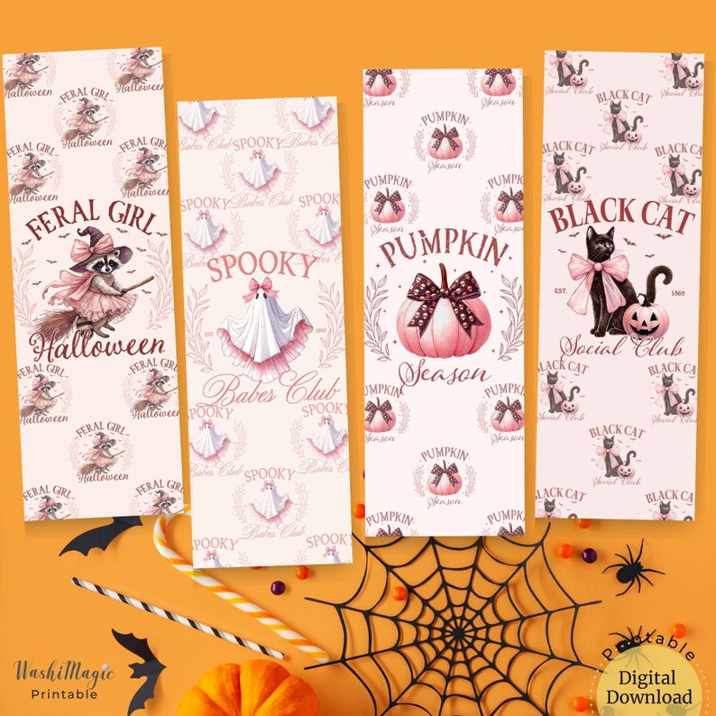 Pastel Pink Halloween Bookmarks Set Printable, Cute Spooky Halloween ...