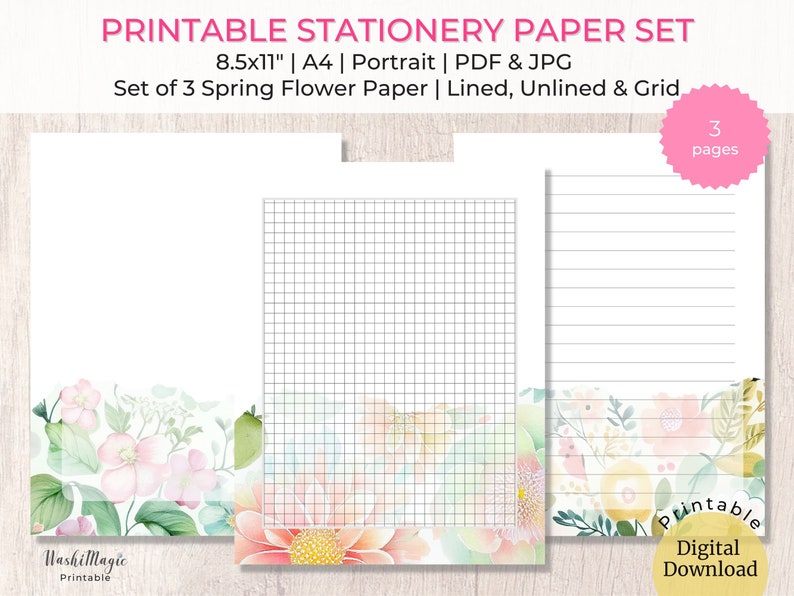 Printable Stationery Paper Set Spring Flowers Lined Unlined - Etsy