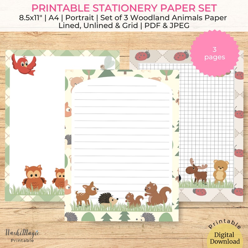 Woodland Animals Printable Stationery Paper Set , Lined Unlined Grid ...