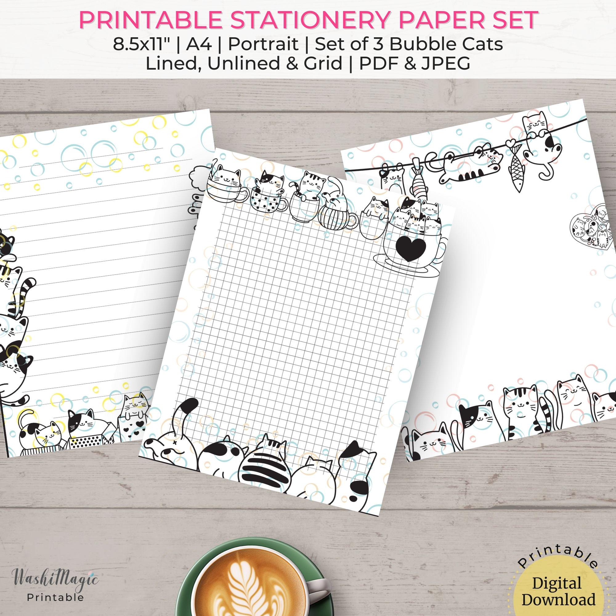 Cute Cats Black & White Coloring Stationery Paper Set Printable to Do ...