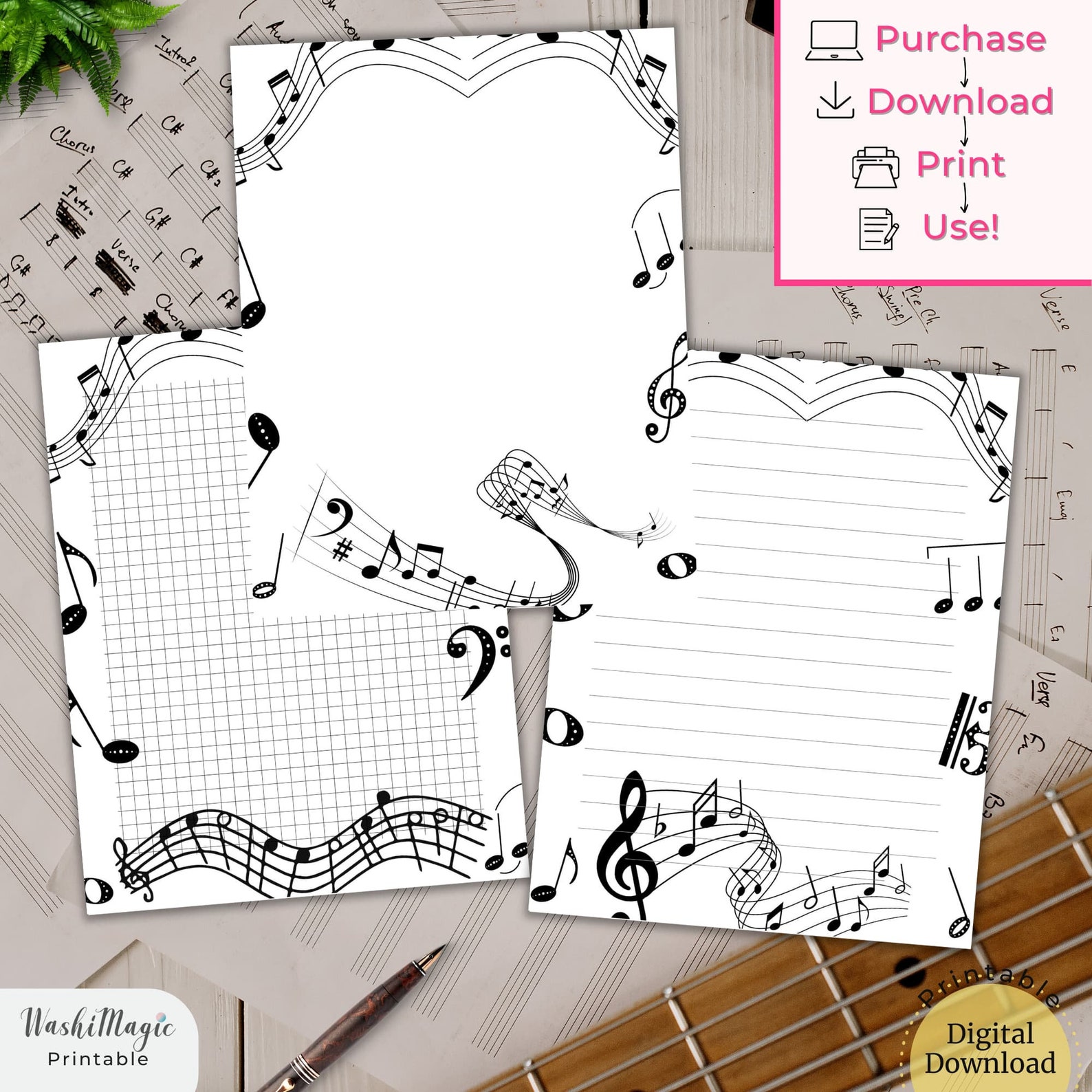 Music Notes Stationery Journal Pages Printable, To-do List Printable ...