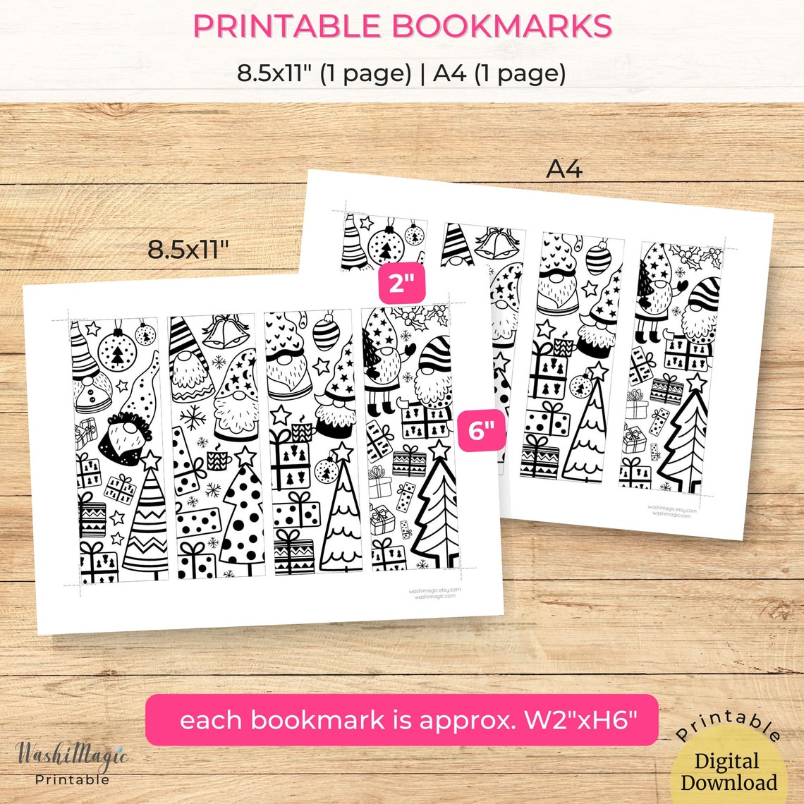 Christmas Gnome Coloring Bookmarks Set of 4, Kawaii Bookmarks Printable ...