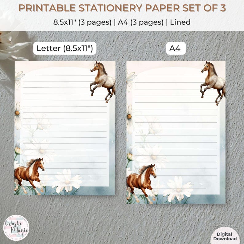 Daisy Horse Stationery Set Printable: Lined, Grid, Unlined Paper for ...