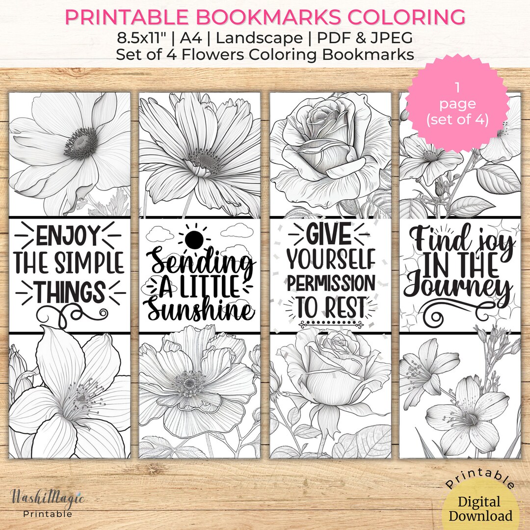 Flower Bookmark to Color Printable Set of 4, Flowers Coloring Bookmarks ...