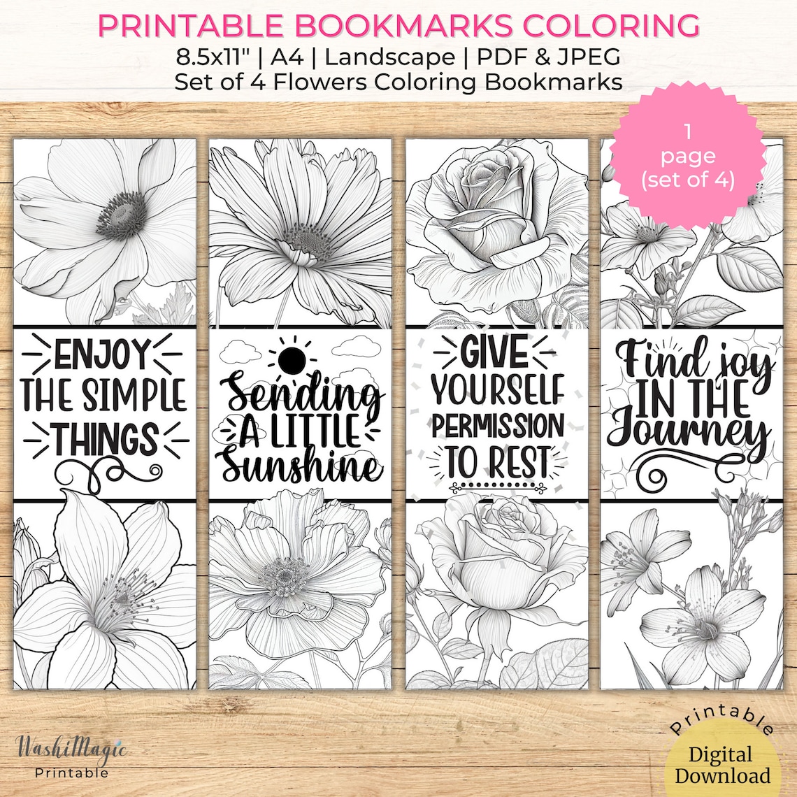 Flower Bookmark to Color Printable Set of 4, Flowers Coloring Bookmarks ...