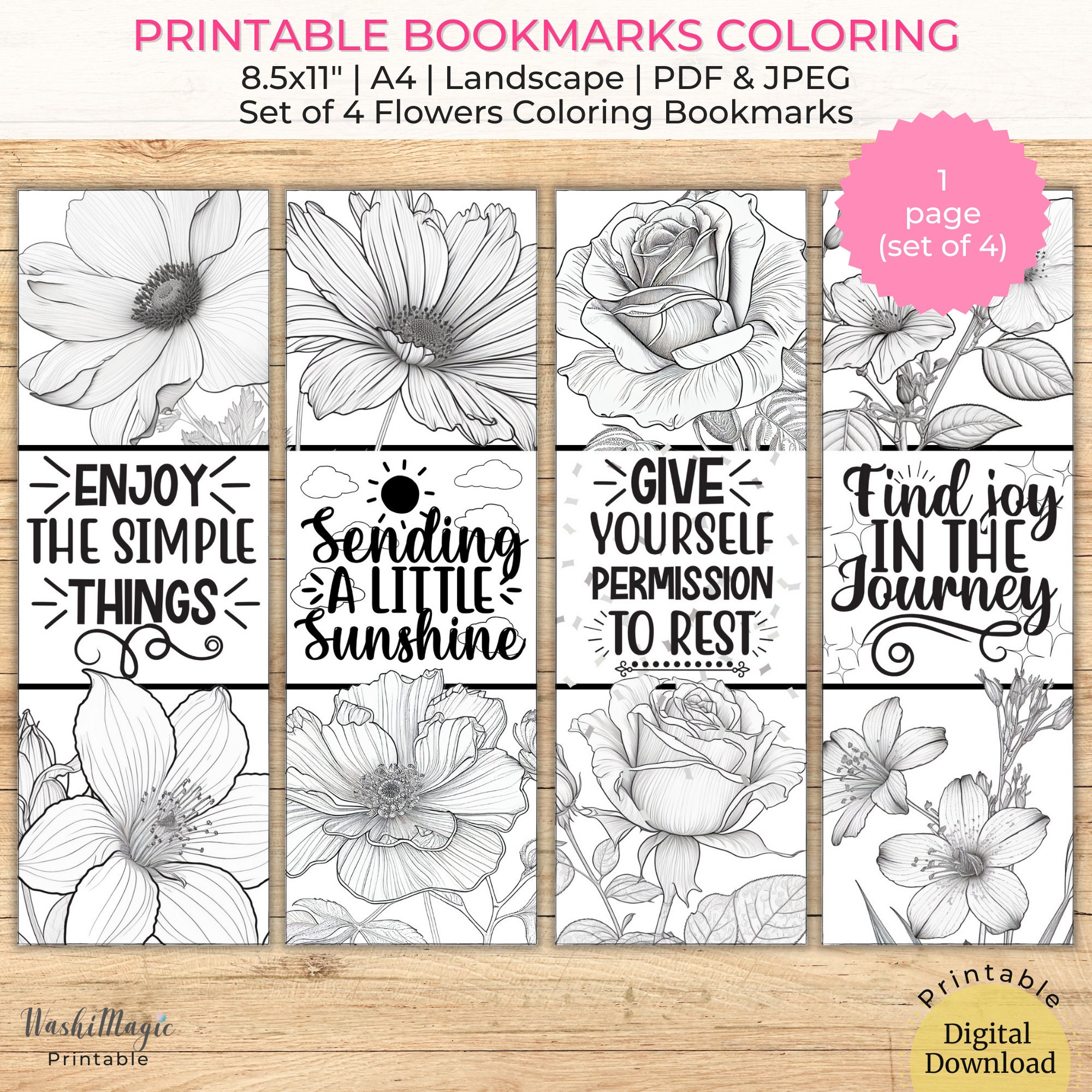 Flower Bookmark to Color Printable Set of 4, Flowers Coloring Bookmarks ...