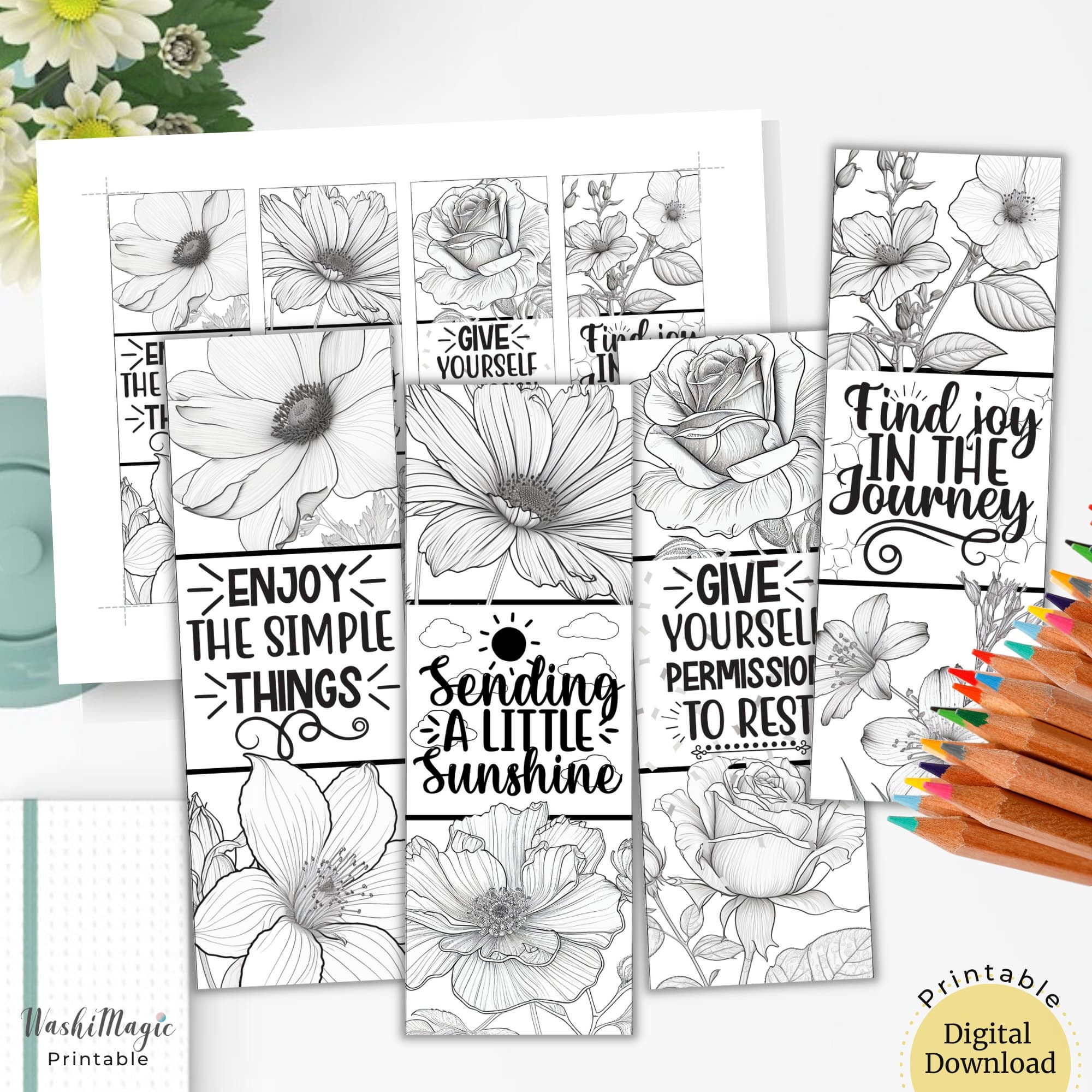 Flower Bookmark to Color Printable Set of 4, Flowers Coloring Bookmarks ...