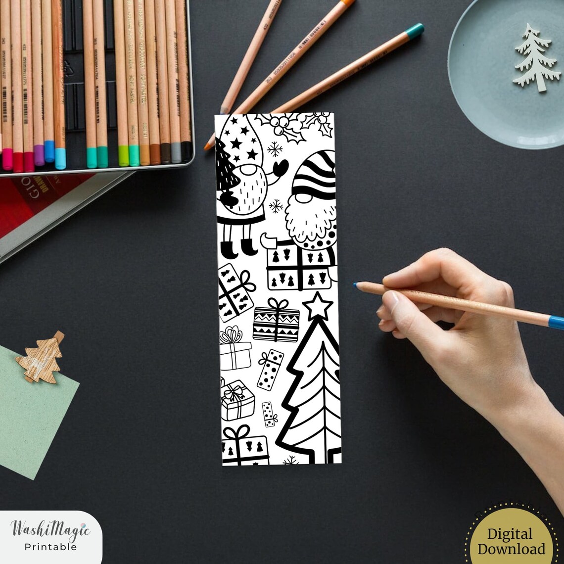 Christmas Gnome Coloring Bookmarks Set of 4, Kawaii Bookmarks Printable ...