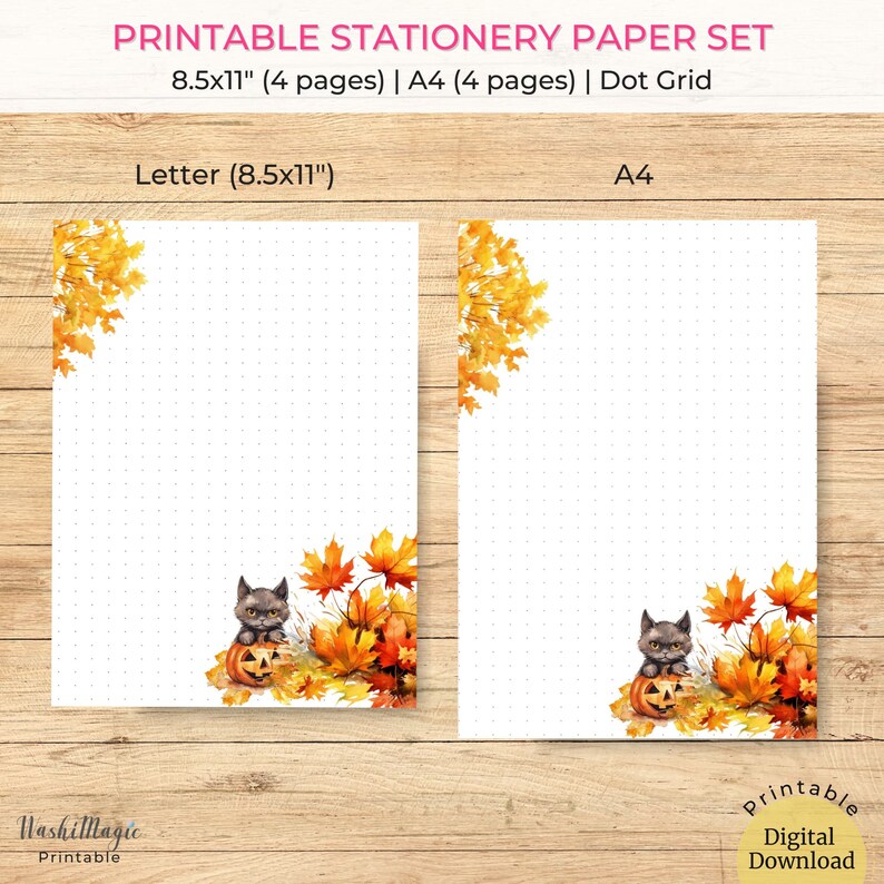 Autumn Stationery Paper Printables, Set of 4, Fall and Cat Lined Paper ...