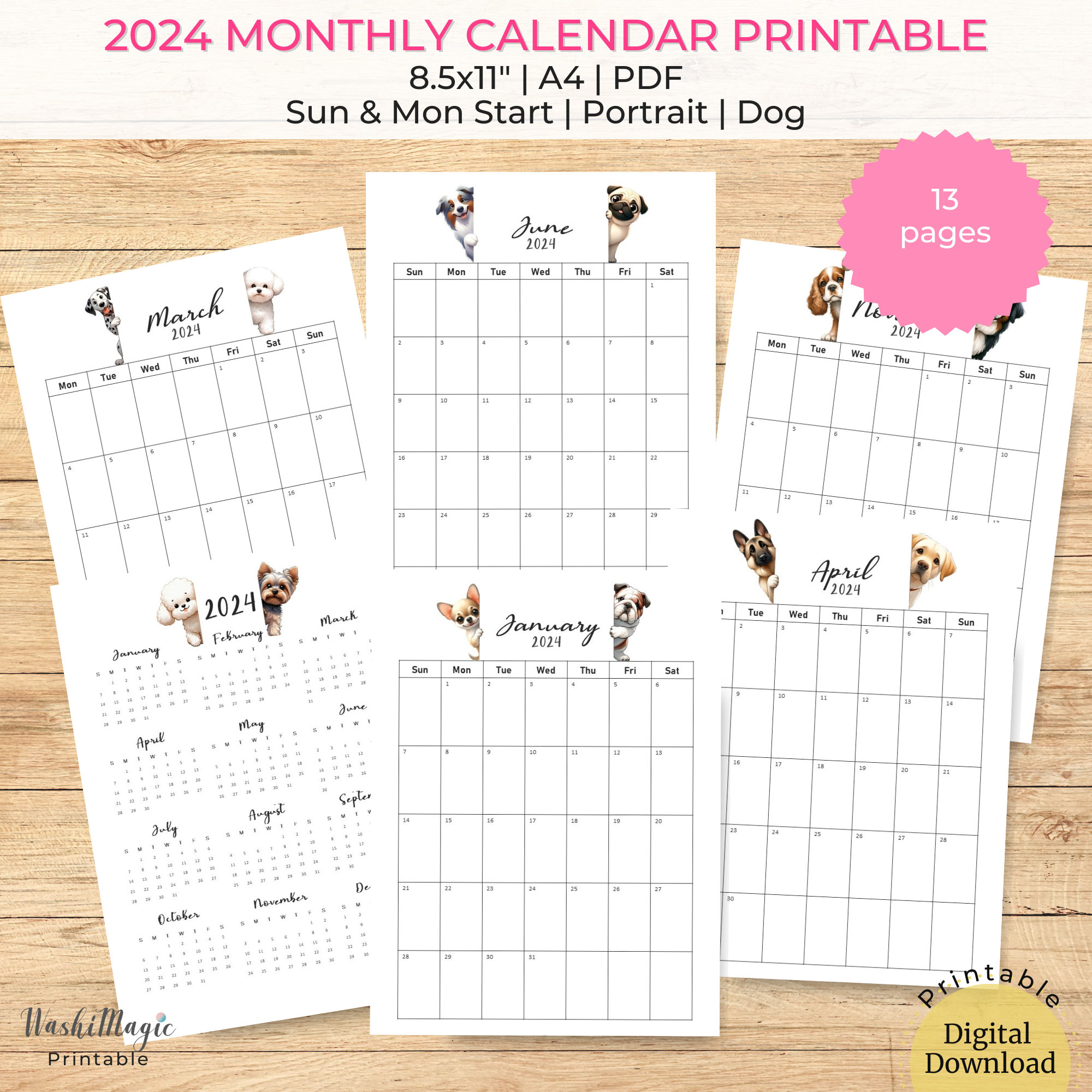 2024 Planner Monthly Calendar Printable, Dog Calendar, Portrait ...