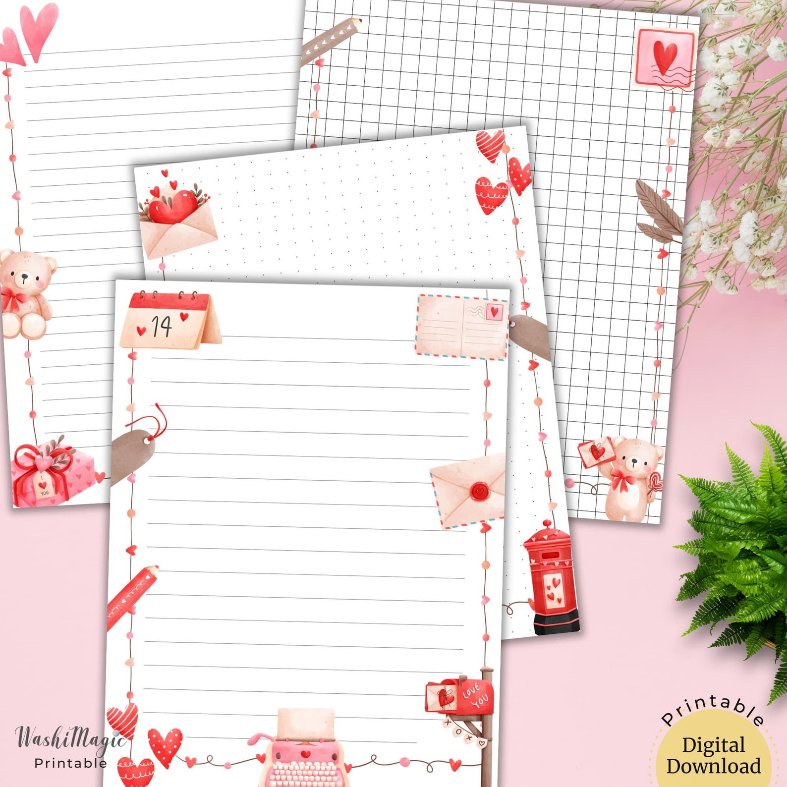 Valentine's Day Love Letter Notebook Paper, Set of 4 Cute Letter Set ...