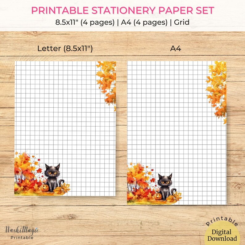 Autumn Stationery Paper Printables, Set of 4, Fall and Cat Lined Paper ...